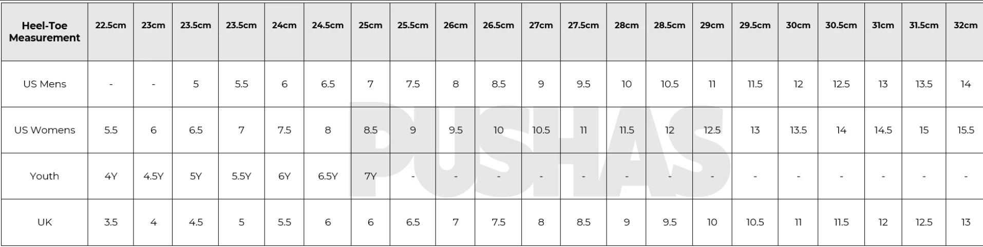 Shoes Size Chart – Sports Style Universe